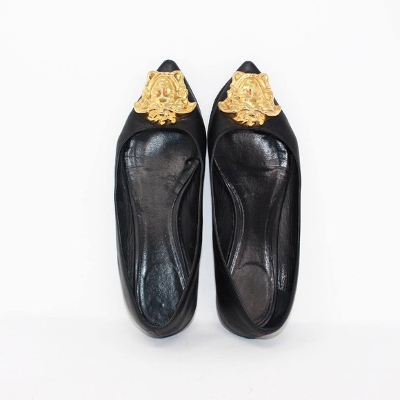 Versace | Shoes | Versace 3977 Black Leather Flats Us 75 Eu 375 | Poshmark